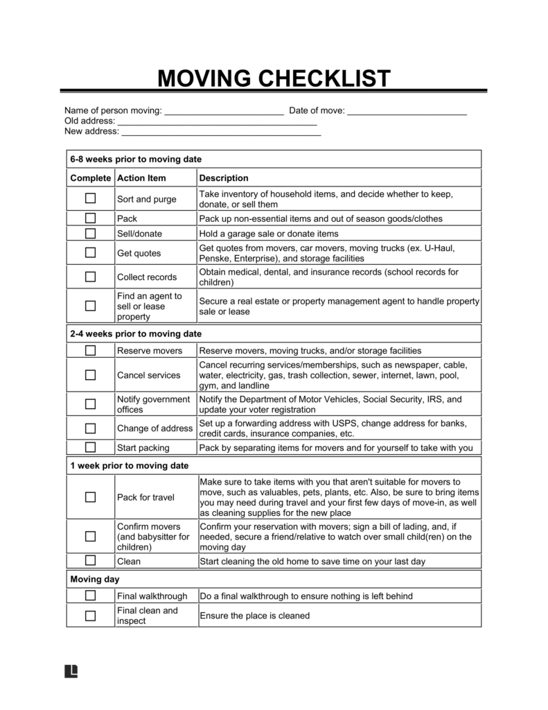 Free Moving Checklist Template PDF & Word | Bogiolo