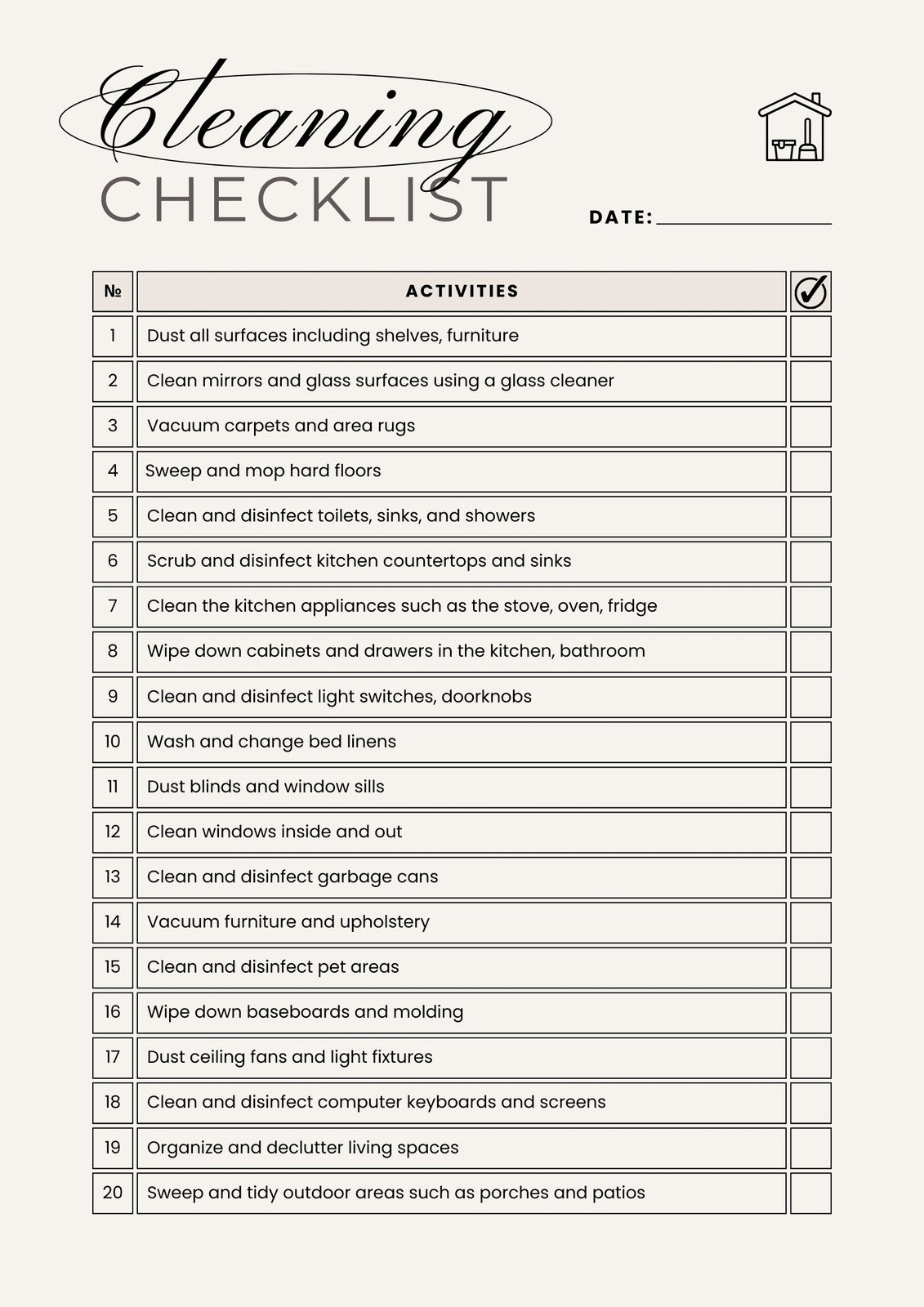 Printable Room Cleaning Checklist Template Printable Room Cleaning Checklist Template