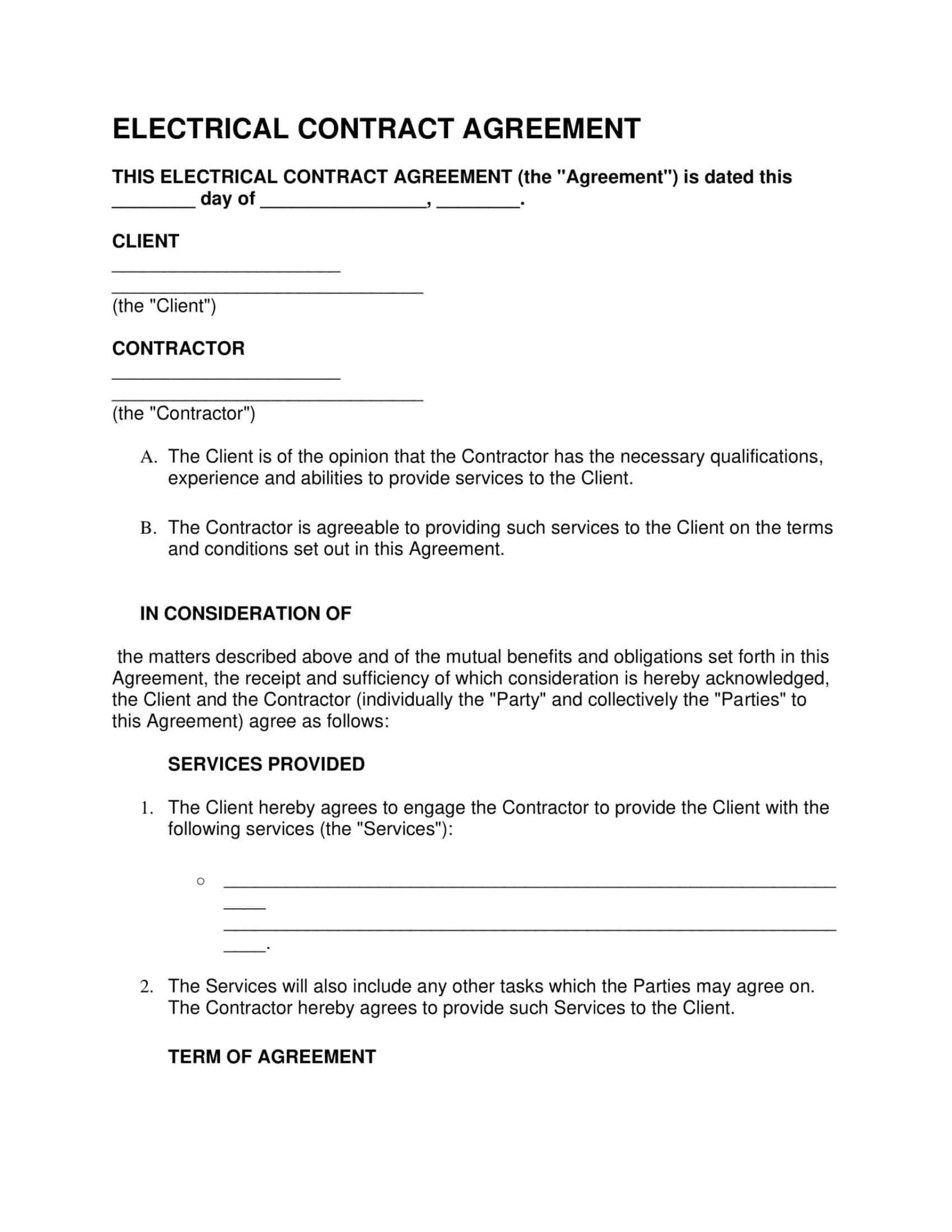 Free Printable Electrical Contract Templates [PDF & Word] Agreement ...