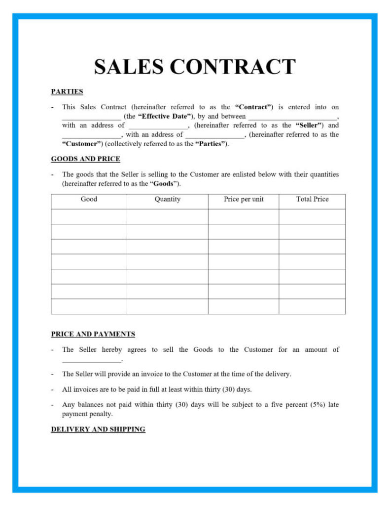 Free Sales Contract Template For Download | Bogiolo