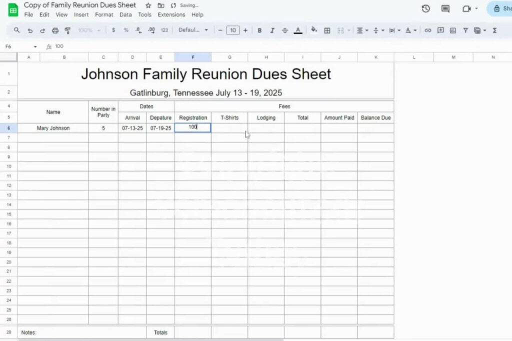 Google Sheets Family Reunion Dues Sheet Template Text Fillable / Text ...