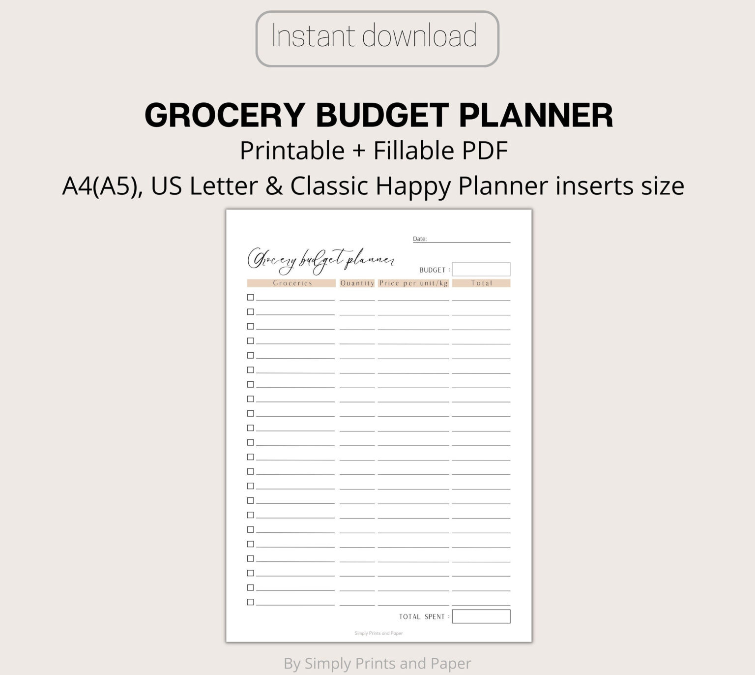 Grocery Budget Planner, Printable Food Budget, Digital Grocery | Bogiolo