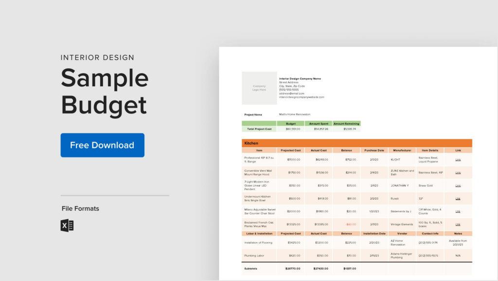 Interior Design Budget Free Template + Guide Houzz Pro | Bogiolo