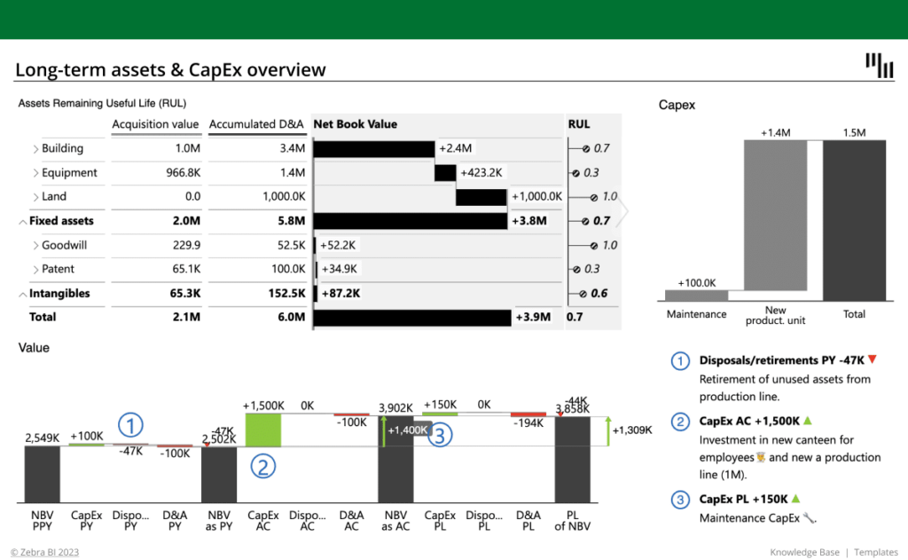Long-Term Assets and Capex Report Excel Template Zebra BI | Bogiolo