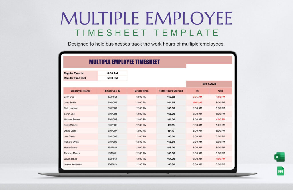 Multiple Employee Timesheet Template in Excel, Google Sheets | Bogiolo