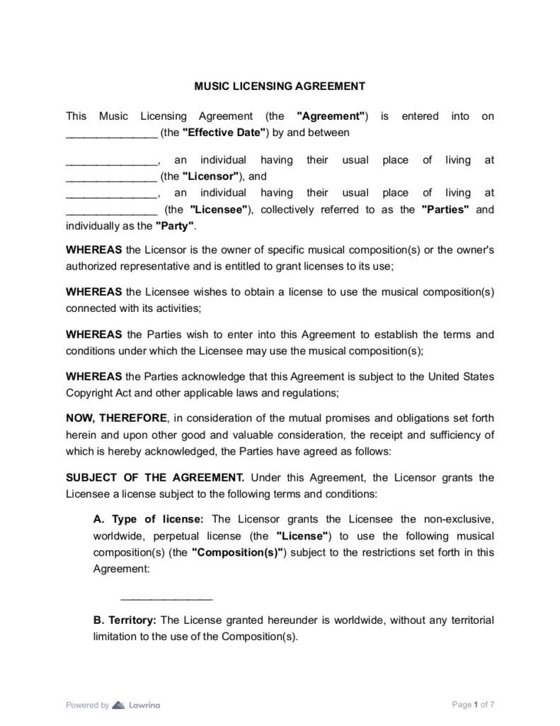 Music Licensing Agreement Template PDF Lawrina | Bogiolo