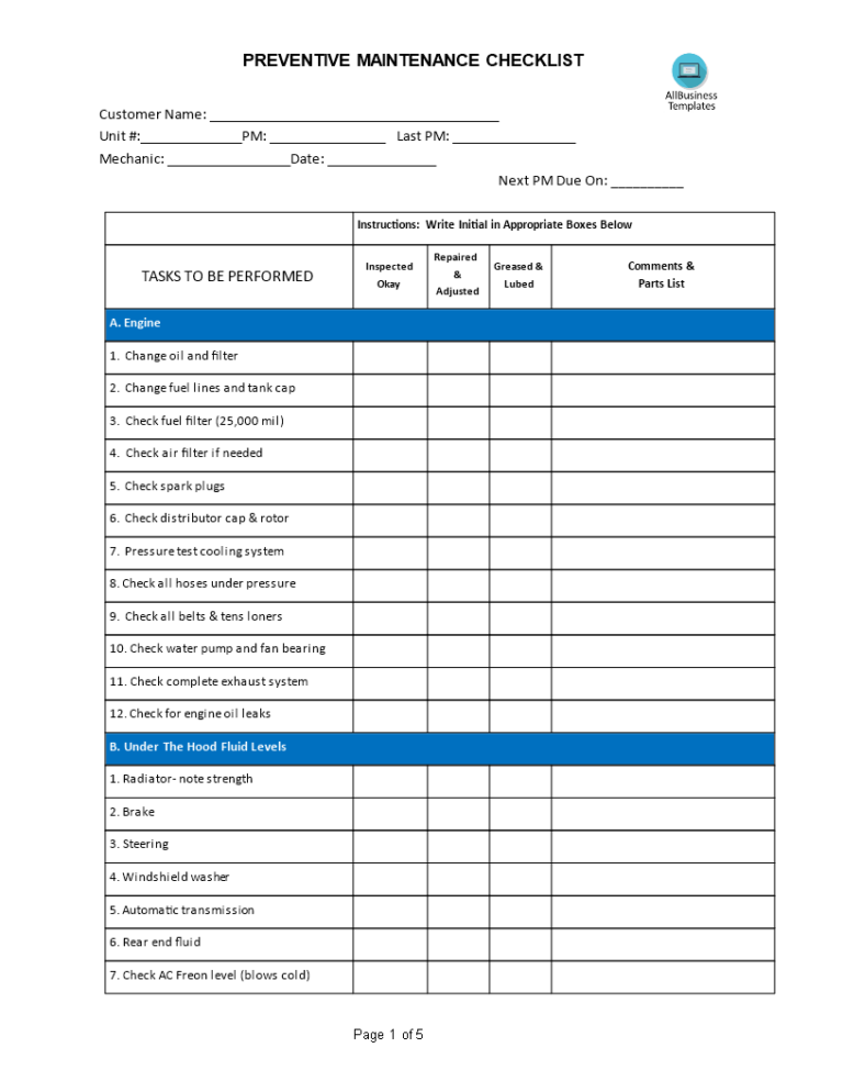 Preventive Maintenance Checklist Templates at | Bogiolo