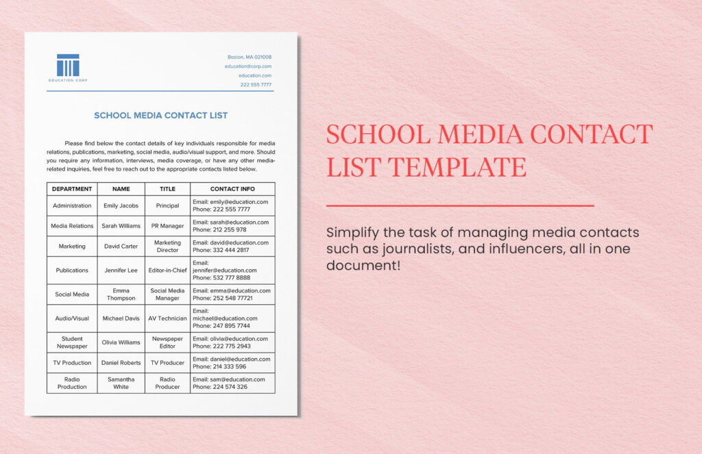 School Media Contact List Template in Word, PDF, Google Docs | Bogiolo