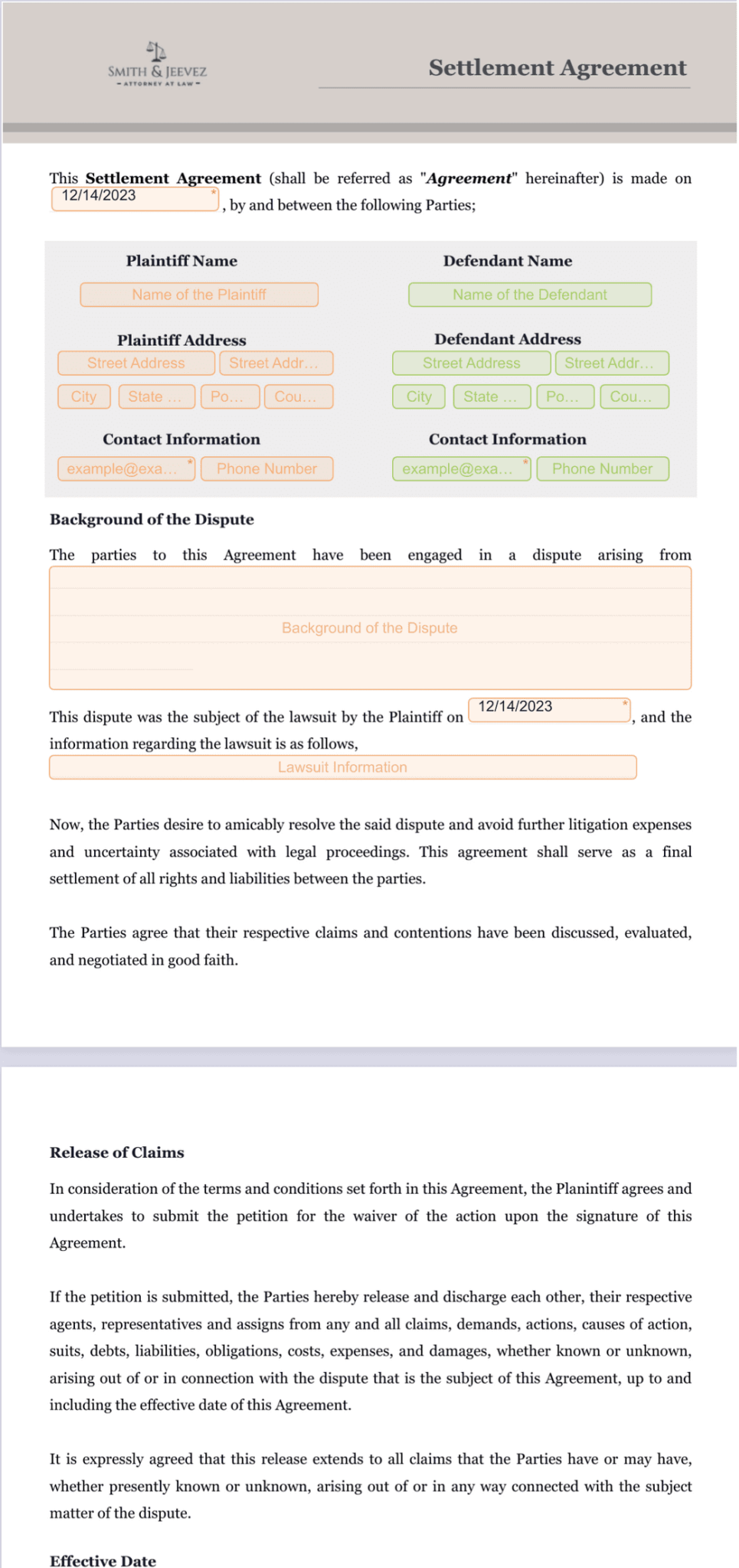 Settlement Agreement Template – PDF Templates Jotform | Bogiolo