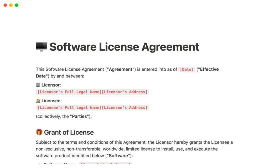 Software License Agreement Notion Template | Bogiolo