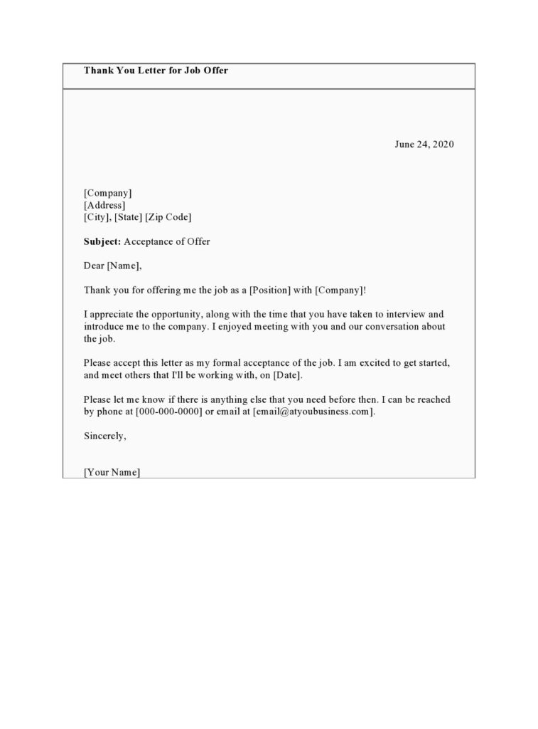 》Thank You Letter Template for a Job Offer