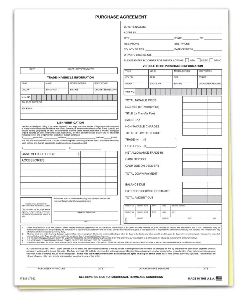 Vehicle Purchase Agreement Forms (-Part) ( per Pack) Auto Dealer ...