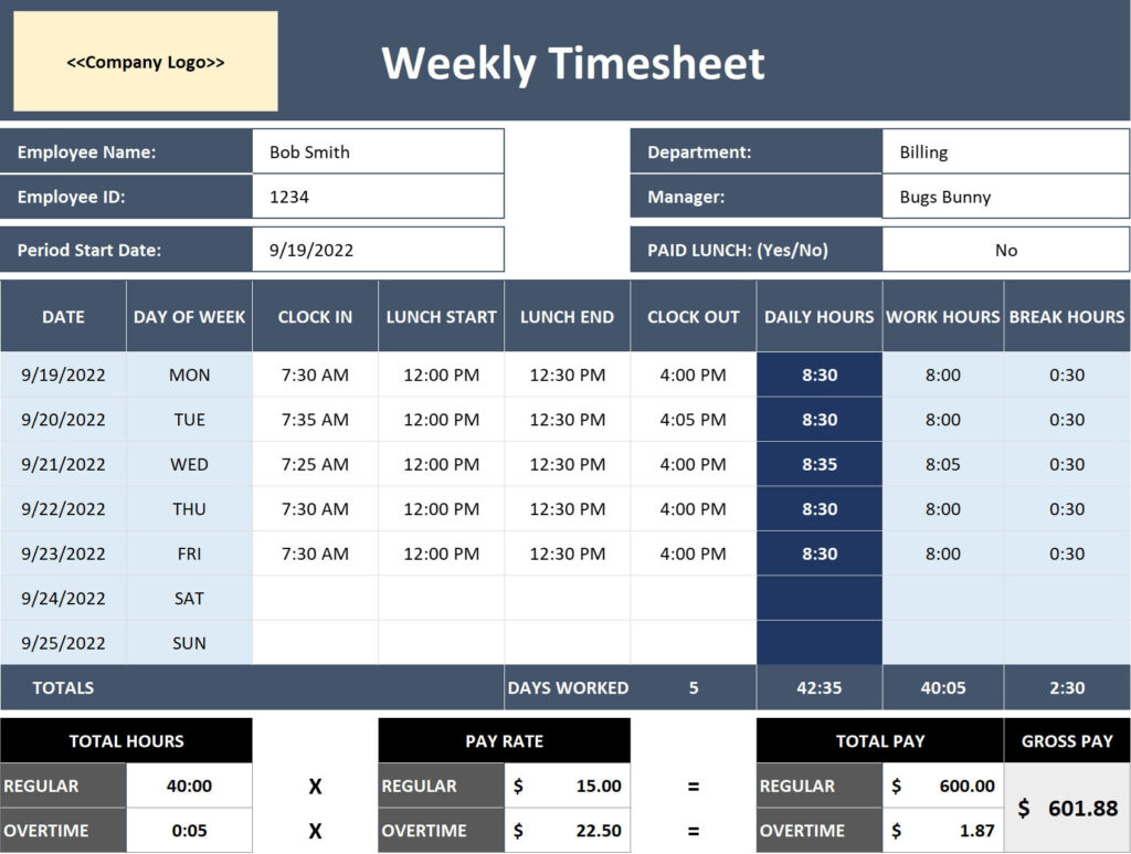 Weekly Employee Timesheet Template Excel with Lunch Breaks and Automatic Hour Tracking | Bogiolo