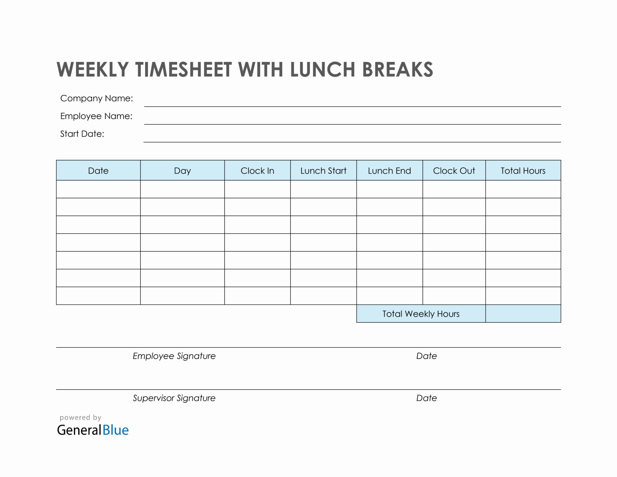 Weekly Timesheet With Lunch Breaks in PDF | Bogiolo