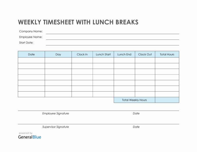 Weekly Timesheet With Lunch Breaks in PDF | Bogiolo